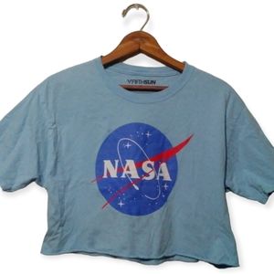 Tops | Nasa Distressed Crop Top Tshirt Sz L Blue Red | Poshmark